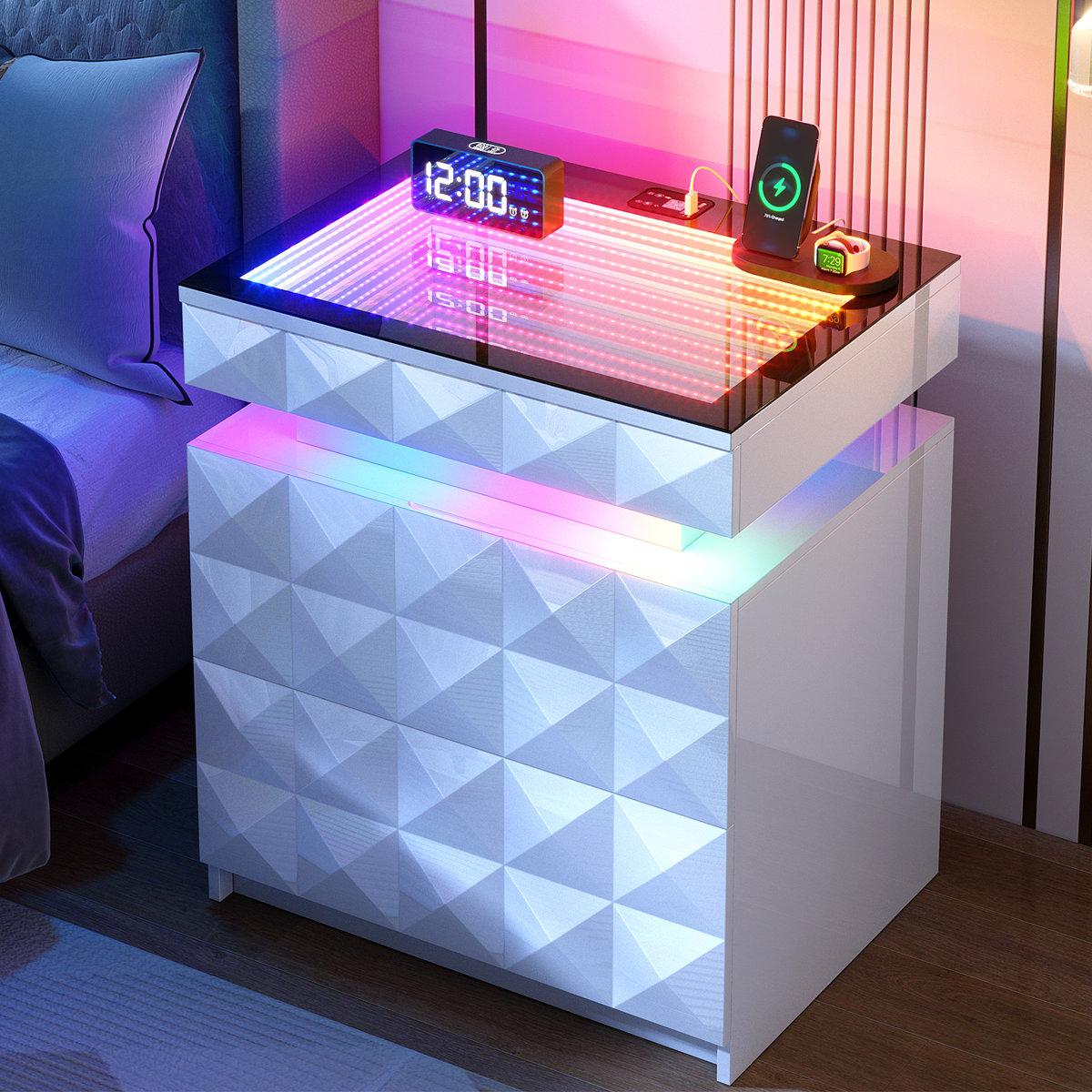 Metro Lane Bedside Table With 3d Mirror Abyss And Rgb Lights, 3 Drawers Nightstand With Tempered ...